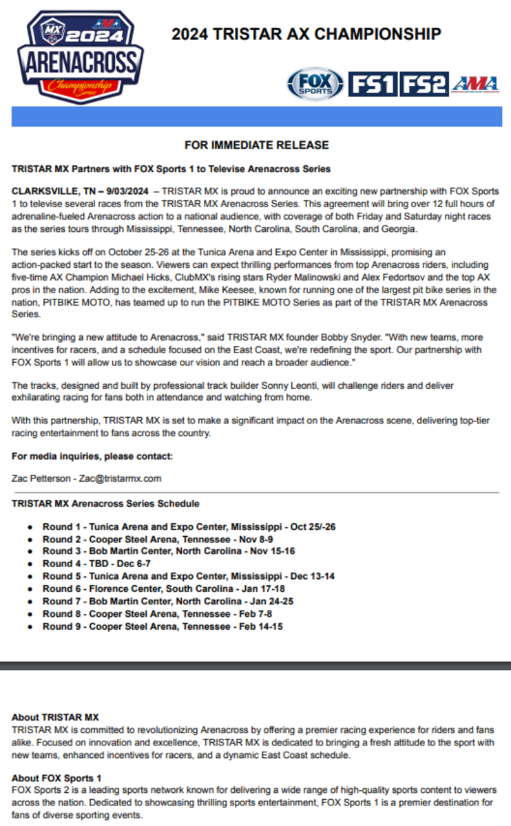 TRISTAR MX and FOX Sports 1 to Showcase Arenacross Series Featuring ...