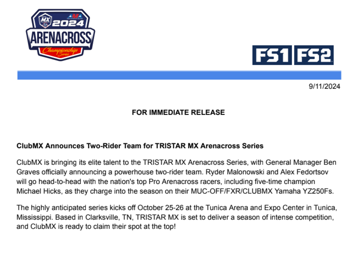 TRISTAR MX and FOX Sports 1 to Showcase Arenacross Series Featuring ...